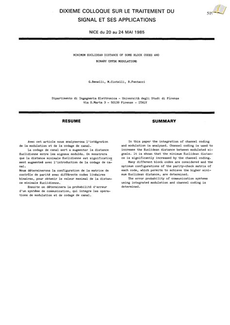 Pdf Minimum Euclidean Distance Of Some Block Codes And Binary Cpfsk