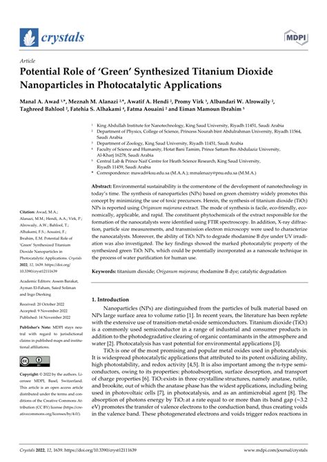 Pdf Potential Role Of ‘green Synthesized Titanium Dioxide Nanoparticles In Photocatalytic