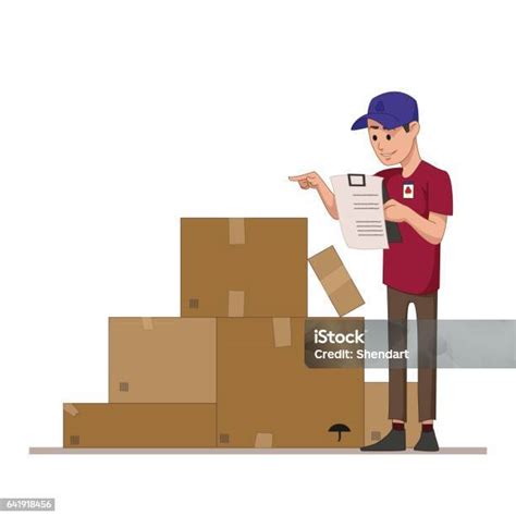택배 소포 목록을 확인합니다 보내는 메일 상자 창 고 작업자 또는 우편 배달 부입니다 흰색 배경에 고립 된 평면 문자입니다 벡터 일러스트 레이 션 Eps10입니다 검사