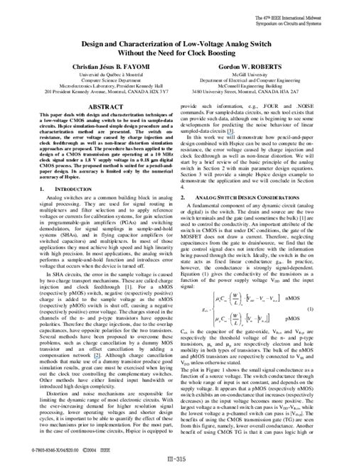 Pdf Design And Characterization Of Low Voltage Analog Switch Without The Need For Clock Boosting