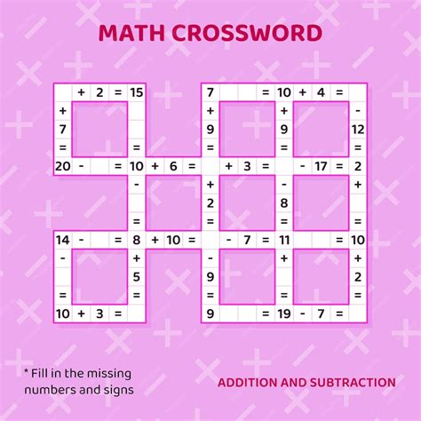 아이들을 위한 수학 크로스워드 퍼즐 덧셈과 뺄셈 20까지 계산 벡터 일러스트 레이 션 프리미엄 벡터