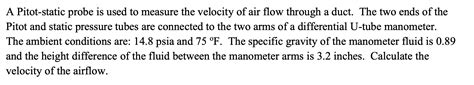 Solved A Pitot Static Probe Is Used To Measure The Velocity Chegg Com