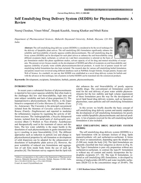 Pdf Self Emulsifying Drug Delivery System Sedds For Phytoconstituents A Review