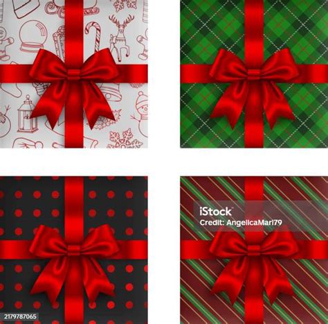 현실적인 크리스마스 선물 상자 세트입니다 빨간 활과 장식이 있는 크리스마스 선물 상자 모음 평면도 3차원 형태에 대한 스톡 벡터