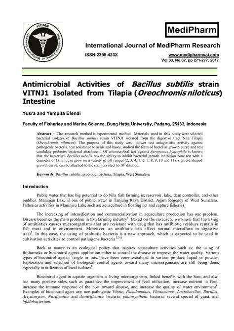 Pdf Antimicrobial Activities Of Bacillus Subtilis Strain Vitnj1