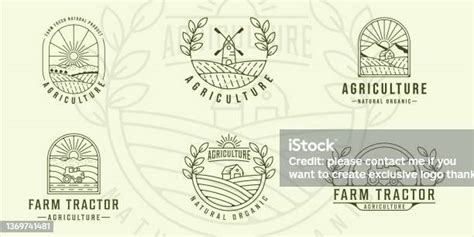 농장 트랙터 농업 라인 아트 기호 벡터 일러스트 템플릿 아이콘 그래픽 디자인의 집합 타이포그래피 배지가 있는 다양한 풍경 뷰의 번들 컬렉션 목장에 대한 스톡 벡터 아트 및