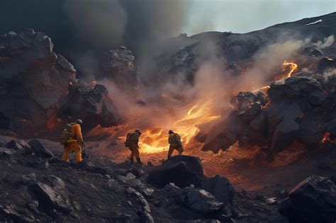 Premium Ai Image Miners Extracting Rare Minerals From A Volcanic Cr 00443 03