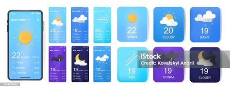 모바일 날씨 앱 인터페이스 디자인 일기 예보 모바일 앱을위한 Gui 요소 현실적인 전화 온도 기상 조건 사용자 인터페이스 생성기 Ui Ux 툴킷 벡터 일러스트 레이 션
