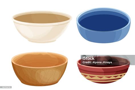 흰색 배경에 고립 된 만화 스타일로 빈 그릇 딥 도자기 접시 나무와 토기 주방용품을 설정합니다 식품 용기 디자인 요소 벡터 일러스트레이션 개수대에 대한 스톡 벡터 아트 및