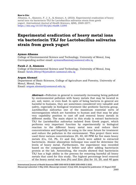 Pdf Experimental Eradication Of Heavy Metal Ions Via Bacteriocin Txj For Lactobacillus