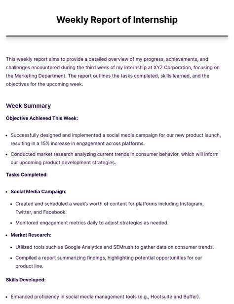 Weekly Report Of Internship Example [edit And Download]