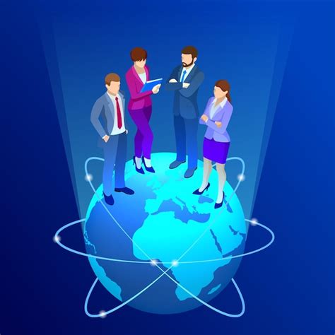 아이소메트릭 비즈니스 팀 비즈니스 사람들이 개념입니다 웹 배너입니다 비즈니스 사람들이 세계 지구에 서 있습니다 새로운 아이디어 투자자 찾기 이익 증가 비즈니스