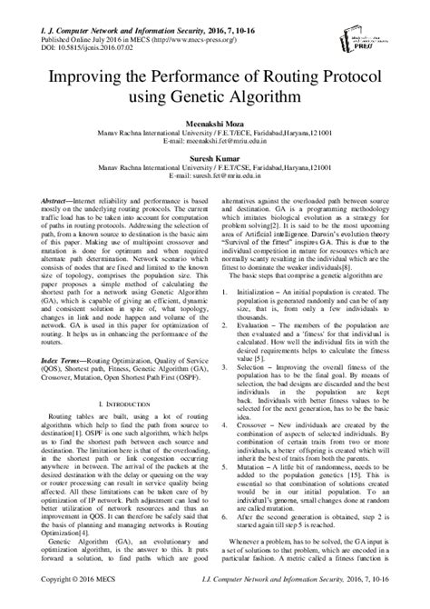 Pdf Improving The Performance Of Routing Protocol Using Genetic Algorithm Meenakshi Moza