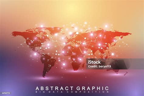 글로벌 기술 네트워킹 개념 정치 세계 지도입니다 디지털 데이터 시각화입니다 과학 인공 두뇌 입자 화합물입니다 큰 데이터 배경 통신 합니다 벡터 일러스트 레이 션 세계지도에