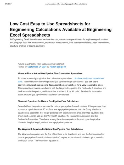 Excel Spreadsheet For Natural Gas Pipeline Flow Calculations Pdf Gases Natural Gas