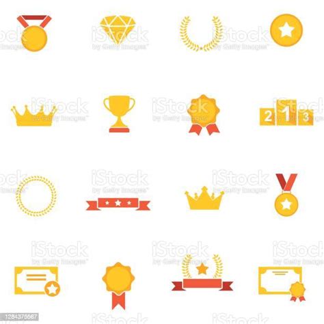 어워드 벡터 아이콘 집합입니다 골든 리워드와 챔피언십 골드 트로피 벡터 일러스트레이션 Championship에 대한 스톡 벡터 아트 및 기타 이미지