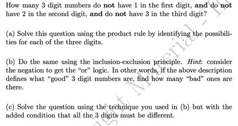 How Many 3 Digit Numbers Do Not Have 1 In The First Chegg Com
