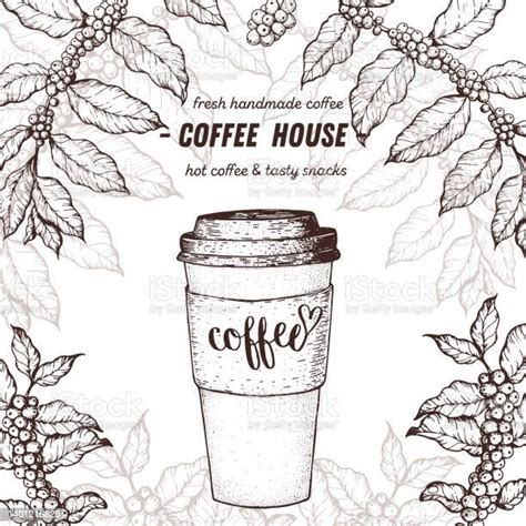 커피 컵과 커피 트리 일러스트레이션 커피 숍을위한 빈티지 디자인 새겨진 벡터 일러스트레이션 0명에 대한 스톡 벡터 아트 및 기타