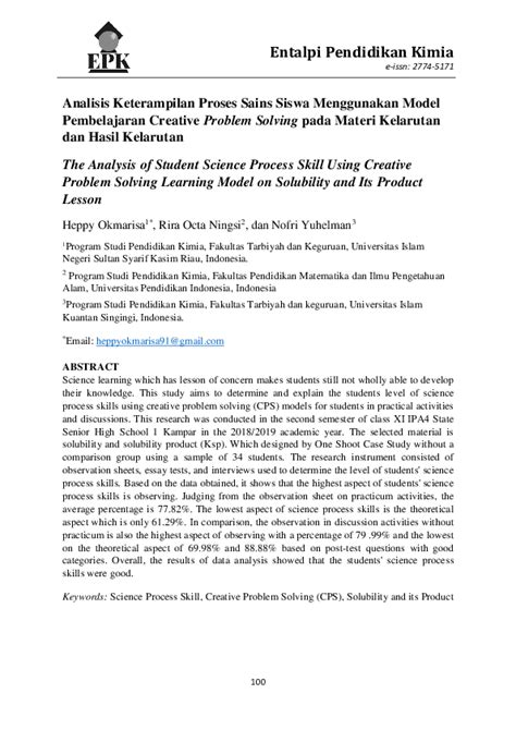 Pdf Analisis Keterampilan Proses Sains Siswa Menggunakan Model Pembelajaran Creative Problem