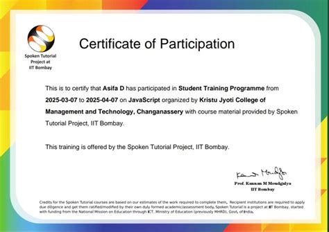 Javascript Spokentutorial Iitbombay Certificate Asifa Dharvesh