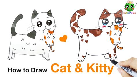 儿童简笔画猫咪妈妈和小猫咪how To Draw A Cute Cat And Kitty Step By Stepeasy Drawings