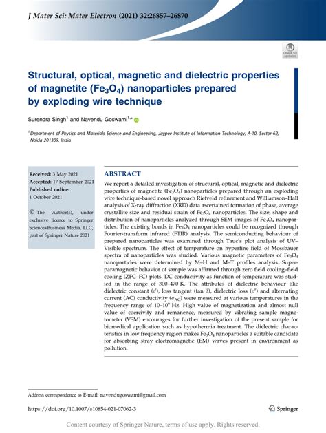 Structural Optical Magnetic And Dielectric Properties Of Magnetite Fe3o4 Nanoparticles