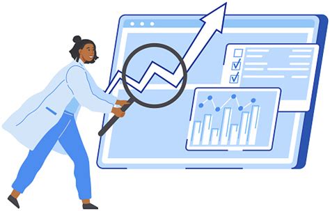 과학자는 데이터 분석 및 통계 연구를 담당합니다 차트를 보고 있는 확대경을 가진 여자 3차원 형태에 대한 스톡 벡터 아트 및 기타 이미지 3차원 형태 개념 개발