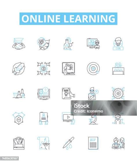 온라인 학습 벡터 라인 아이콘이 설정되었습니다 Elearning 가상 원격 디지털 온라인 코스 튜터링 일러스트레이션 개요 개념 기호 및 기호 전자 학습에 대한 스톡 벡터