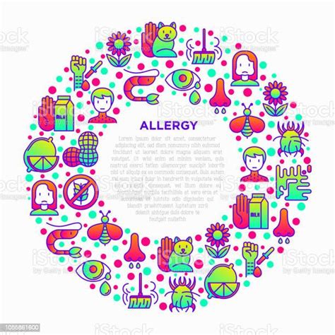얇은 선 아이콘 원에 알레르기 개념 콧 물 먼지 스트리밍 눈 유 당 편협 감귤 류 글루텐 무료 먼지 진드기 알레르기 테스트 부 종 벡터 일러스트 레이 션 인쇄 미디어 서식
