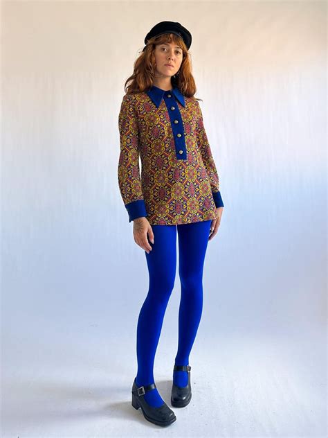 Vintage 1960s Psychedelic Paisley Mod Tunic Knit Mini Dress Blue Collar 60s Top Etsy