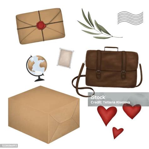 꼬기 빨간 왁스 물개 글로브 포스트 백 포스트 스탬프 우편 함 서체 상자 및 흰색 배경에 고립 된 하트로 묶인 다른 공예 갈색 봉투 세트 스티커 팩 디자인을 위한 복고풍