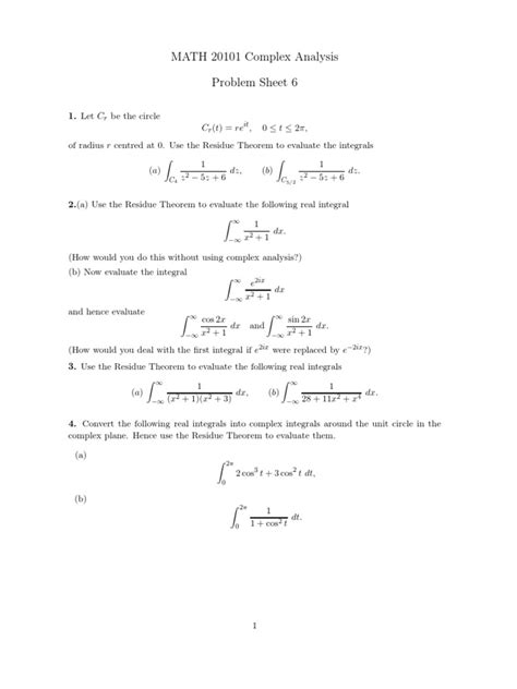 Math 20101 Complex Analysis Problem Sheet 6 R R It Pdf Integral