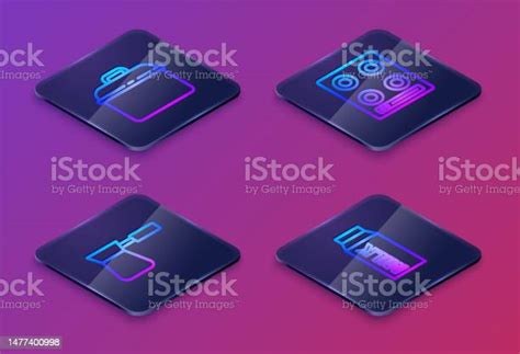 아이소메트릭 라인 요리 냄비 커피 터크 가스 렌지 및 우유용 종이 패키지를 설정합니다 파란색 사각형 버튼 벡터 3차원 형태에 대한 스톡 벡터 아트 및 기타 이미지 Istock