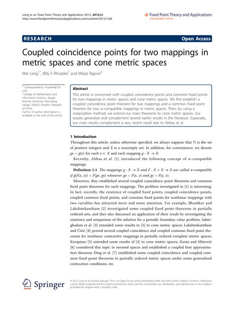 Pdf Coupled Coincidence Points For Two Mappings In Metric Spaces And