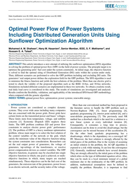 Pdf Optimal Power Flow Of Power Systems Including Distributed Generation Units Using Sunflower