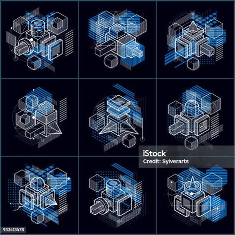 선형 치수 모양 아이소메트릭 추상 배경 벡터 3d 메쉬 요소 큐브 육각형 사각형 사각형 및 다른 추상적인 요소의 작곡 벡터 컬렉션입니다 0명에 대한 스톡 벡터 아트 및 기타