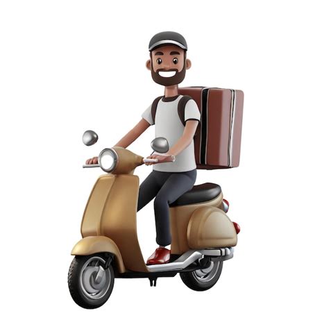 스쿠터에서 3d 음식 배달 소년 고품질 렌더 투명한 배경 프리미엄 Psd 파일