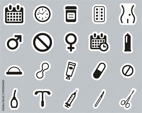 Contraception Methods Icons Black White Sticker Set Big Stock Vector