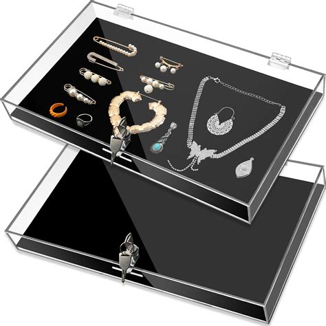 Huquary 2 Pcs Acrylic Locking Jewelry Display Case Clear Ring Earring Necklace