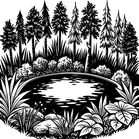 Premium Vector A Black And White Drawing Of A Pond With Trees And A Pond In The Background