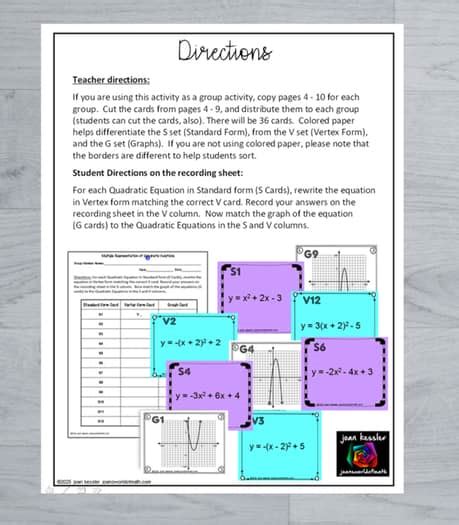 Quadratic Functions Multiple Representations Triple Match By Joan Kessler