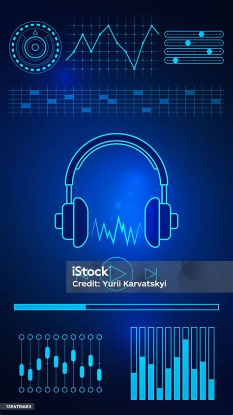 Hud 네온 디자인의 헤드폰 헤드셋 아이콘 헤드폰 만화 일러스트 그림 오디오 가젯 비즈니스 컨셉 스플래시 효과 음악 이퀄라이저