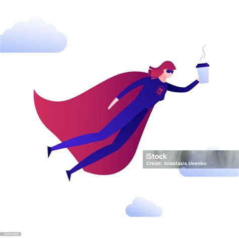 벡터 현대 플랫 커피 슈퍼 히어로 사람 그림입니다 흰색에 고립 된 흐린 하늘에 컵비행 빨간 망토에 색상 여성 영웅 아침 에너지의