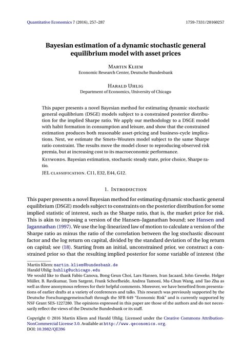 Pdf Bayesian Estimation Of A Dynamic Stochastic General Equilibrium Model With Asset Prices
