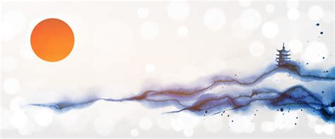 안개 낀 언덕에 붉은 태양과 탑 사원이 있는 풍경 전통적인 동양 수묵화 Sumie Usin Gohua는 하얀 빛나는 배경에