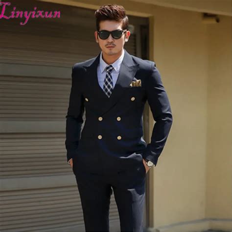 Linyixun 남자 블랙 더블 브레스트 한국어 슬림 맞는 정장 신사 정장 비즈니스 신랑 웨딩 드레스정장 Aliexpress