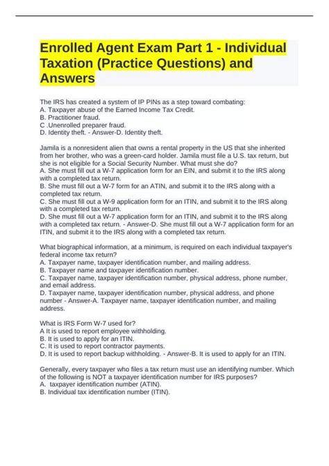 Enrolled Agent Exam Part 1 Individual Taxation Practice Questions And Answers Ea