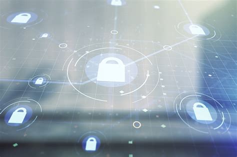 가상 크리 에이 티브 자물쇠 기호와 마이크로 회로 그림 통하고 있는 흐릿한 현대 사무실 건물 배경 배경 보호 및 방화벽 개념 다중 노출 0명에 대한 스톡 사진 및 기타