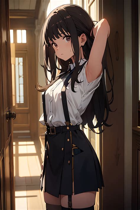 팔을 들고 출입구에 서 있는 제복을 입은 애니메이션 소녀 Seaart Ai