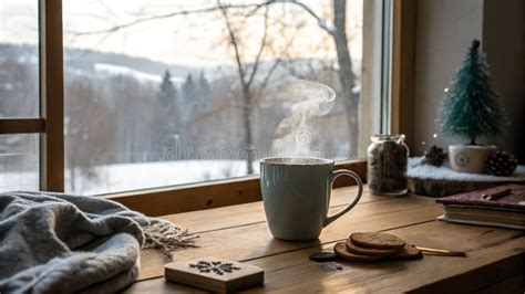 Cozy Winter Morning Steaming Coffee Mug On Wooden Table With Snowy
